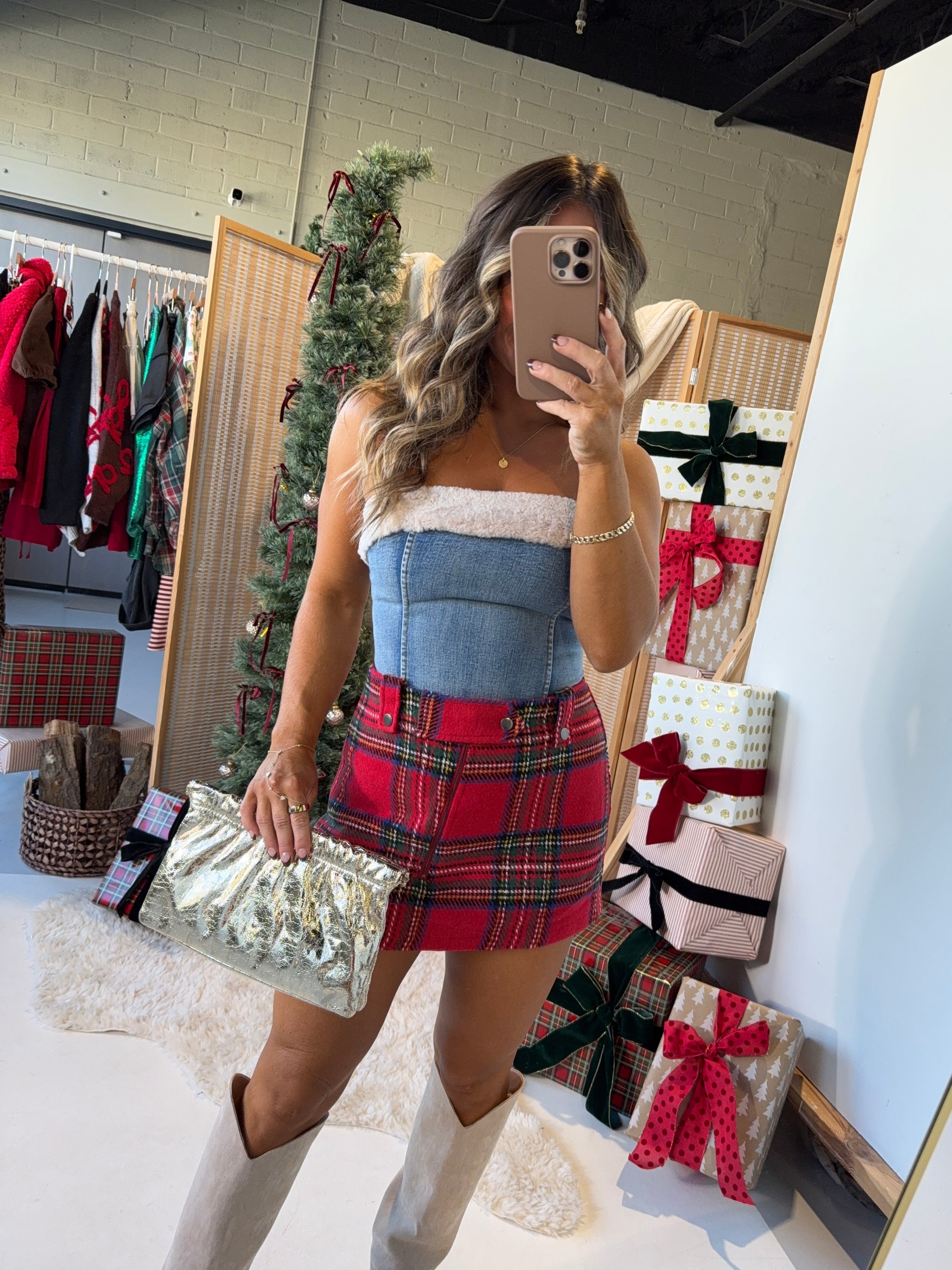 Santa Baby Denim Fur Tube Top
